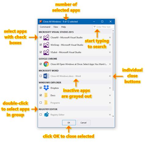 Close All Windows At Once With Closeall Select Apps You Want To Close
