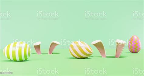 부활절 토끼 귀는 녹색 배경에 알을 찾아 구멍에서 튀어 나와 있습니다 미니멀리즘 3d 렌더링 0명에 대한 스톡 사진 및 기타 이미지 Istock
