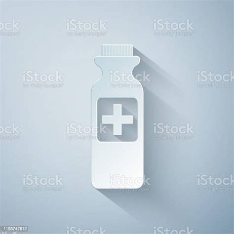 종이 컷 의학 병 아이콘 회색 배경에 격리 병 알 약 기호입니다 약국 디자인 종이 아트 스타일입니다 벡터 일러스트레이션 0명에