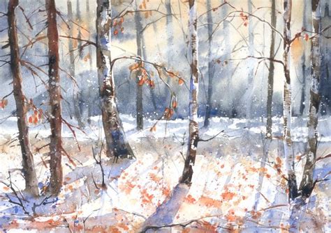 Akwarela pejzaż zima brzozy obraz ZIMOWA BAJKA Watercolor landscape
