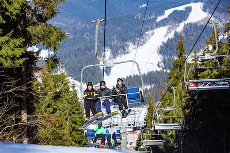 Premium Photo Bukovel Ukraine February 10 2019 People At Ski Lift In