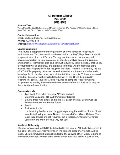 Ap Statistics Syllabus Mrs Smith 2015 2016