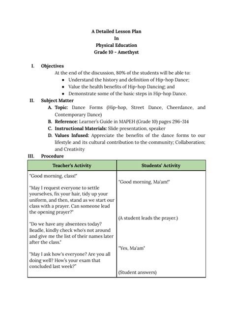 Detailed Lesson Plan In Mapeh Grade 10 Hip Hop Pdf Physical Fitness