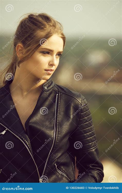 Girl In Leather Jacket Stock Image Image Of Fashion 130226683