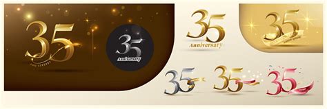 35주년 기념 로고타입의 모던 골드 넘버와 반짝이는 리본 대체 로고 번호 황금 기념일 축하 0명에 대한 스톡 벡터 아트 및 기타