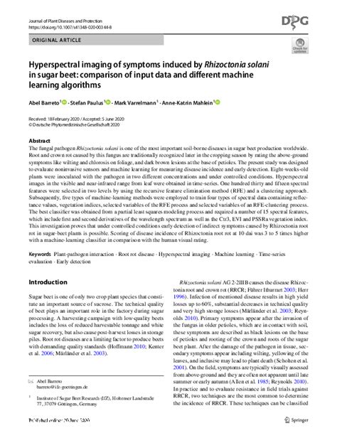 Pdf Hyperspectral Imaging Of Symptoms Induced By Rhizoctonia Solani