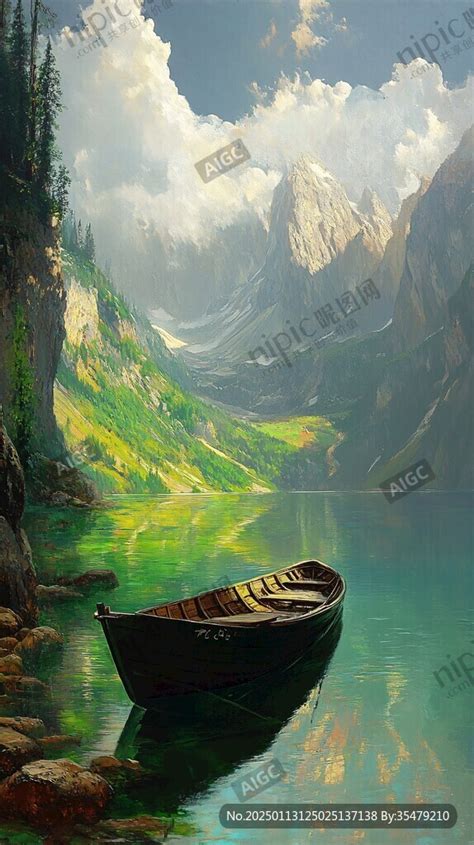 Ai创作图意境湖泊小船 孤舟插画 山水风景湖船 山峰湖泊河流船舶鹿 风景厚涂 湖畔渔舟河流山峰环保 独木舟唯美 梦幻的小舟 唯美小船 山水行舟插画 风景原画 一叶孤舟意境画 手绘孤舟 山间小船