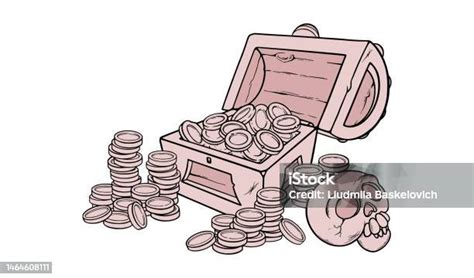 황금 동전과 해골로 보물 상자를 엽니 다 게임을위한 돈과 나무 상자 벡터 그림 1위에 대한 스톡 벡터 아트 및 기타 이미지 1위 검은색 고대 유물 Istock