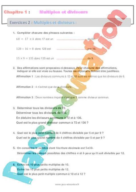 Multiples Et Diviseurs 4ème Révisions Exercices Avec Correction