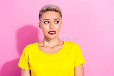 Portrait Of Impressed Frightened Person Grin Teeth Look Empty Space