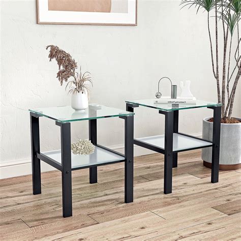 Royard Oaktree End Table Set Of 2 Modern Tempered Glass Side Table With Shelf And Metal Legs 2