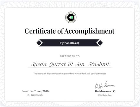 Syeda Qurrat Ul Ain Hashmi On Linkedin Hackerrank Certification