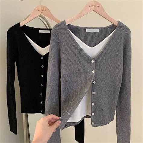 바이영 퀄리티보장 니트 가디건set 브이넥 니트 레이어드 가디건 세트