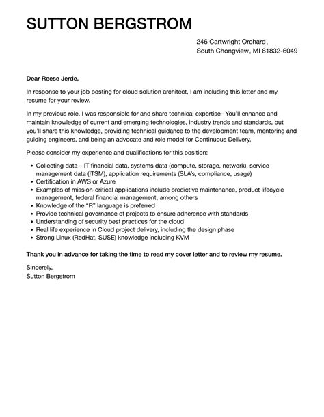 Cloud Solution Architect Cover Letter Velvet Jobs