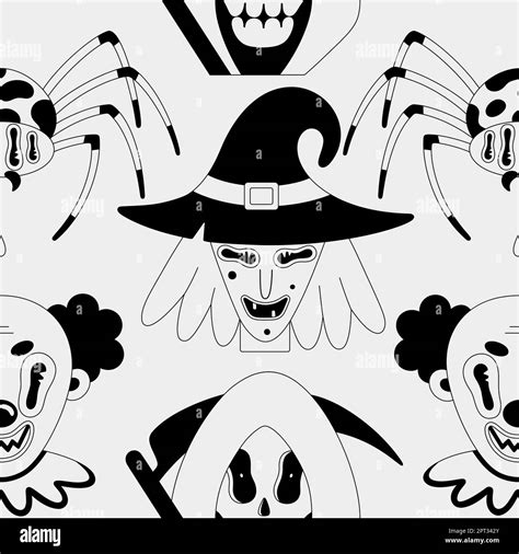 Halloween Seamless Pattern Black Spooky Fantasy Characters On White