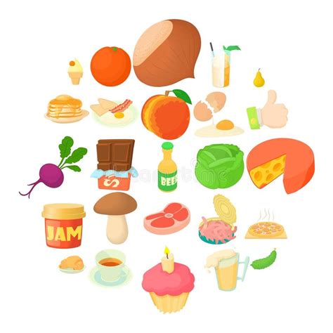 Iconos Fijados Estilo Del Bocado De La Tarde De La Historieta Ilustración del Vector