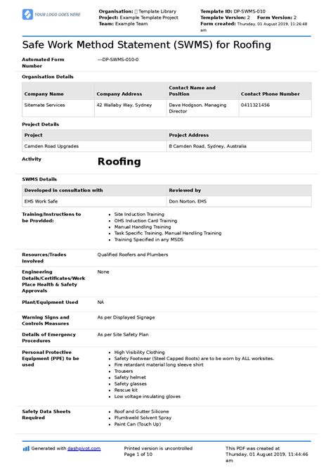 Editable Safe Work Method Statement Template Wa