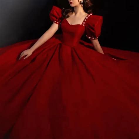 Eleganckie Burgund Satyna Sukienki Na Bal Princessa Kwadratowy Dekolt Bufiasta Kótkie