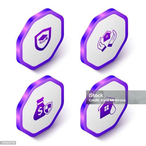 방패가 있는 아이소메트릭 졸업 모자 손에 집 돈 가방 및 홍수 아이콘을 설정합니다 보라색 육각형 버튼 벡터 3차원 형태에 대한 스톡 벡터 아트 및 기타 이미지 Istock