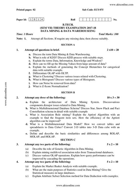 Btech Cs Sem Data Mining And Data Warehouseing Ecs Printed Pages Sub Code