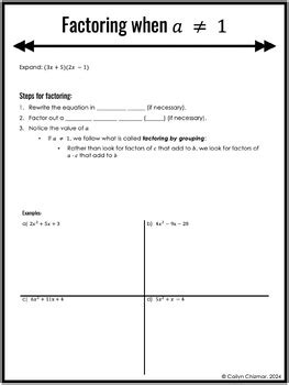 Factoring Quadratics When A Is Not Guided Notes By Coffee And Calculus
