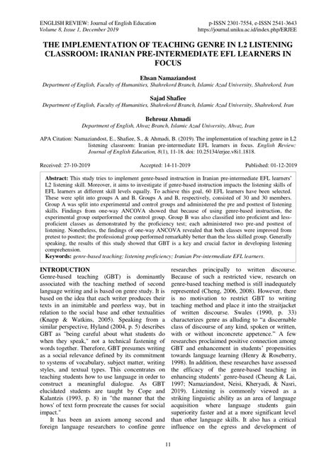 Pdf The Implementation Of Teaching Genre In L2 Listening Classroom Iranian Pre Intermediate