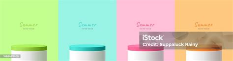 녹색 파란색 분홍색 주황색 최소 벽 장면에 흰색 실린더 연단이 있는 3d 여름 배경 세트 모형 제품 디스플레이 프레젠테이션 무대