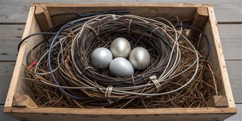 Decorative Nest With Silver Eggs And Natural Materials Displayed In A