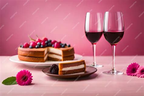 Premium Ai Image Two Glasses Of Wine And Cake With A Pink Background