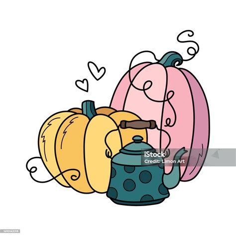 가을 호박과 빈티지 찻주전자 귀여운 손으로 그린 그림 사랑스러운 카와이 구성 벡터 만화 플랫 클립 아트 계절 인사말 카드 의류