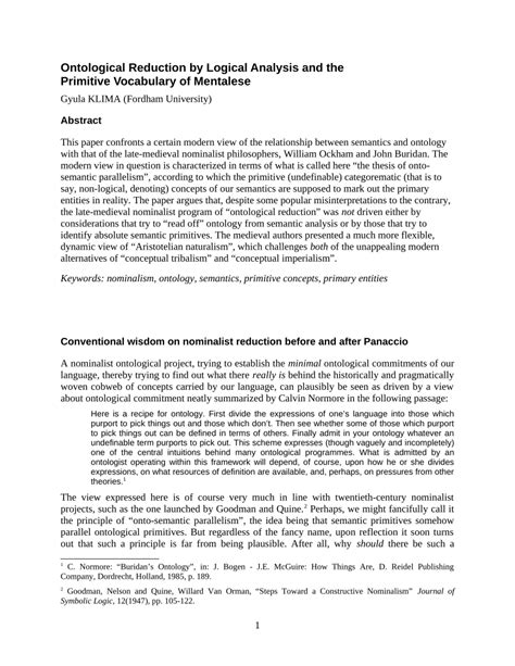 Pdf Ontological Reduction By Logical Analysis And The Primitive