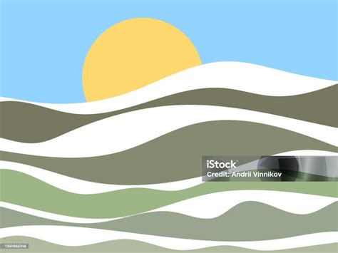 눈 덮인 언덕이있는 겨울 풍경 평평한 스타일의 산악 풍경 겨울 추운 날씨 눈 덮인 언덕의 전경 인쇄 및 포스터 홍보 용품 디자인 벡터 일러스트레이션 가리기에 대한 스톡 벡터