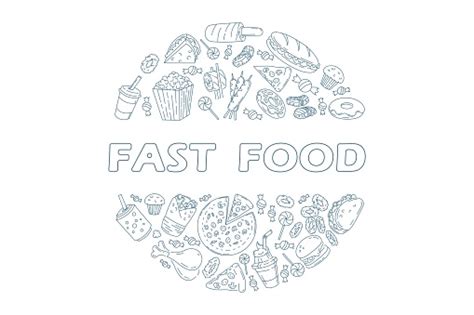 패스트 푸드 라인 아이콘 세트 흰색에 낙서 메뉴 또는 식품 패키지 디자인 벡터 일러스트 레이 션입니다 편집 가능한 스트록 건강에 좋지 않은 음식에 대한 스톡 벡터 아트 및