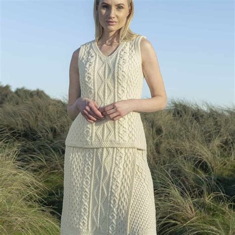 Ladies Aran V Neck Sweater Vest Natural Celtic Clothing Company
