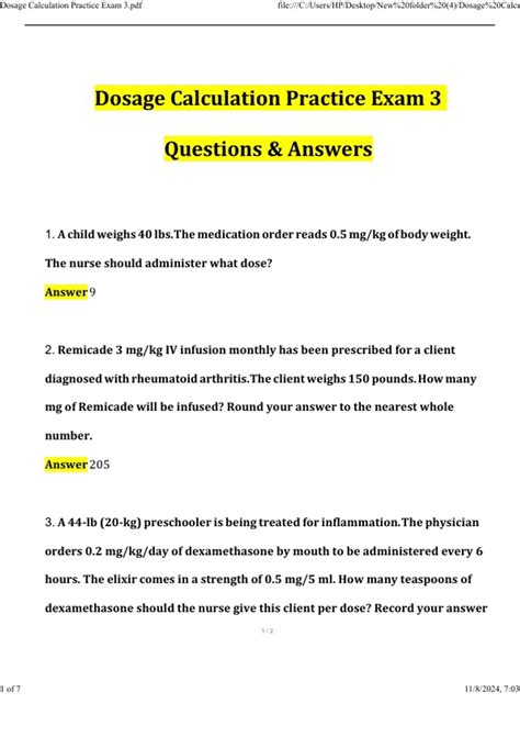 Dosage Calculation Practice Exam Updated Questions And Answers Verified Answers