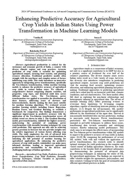 Enhancing Predictive Accuracy For Agricultural Crop Yields In Indian