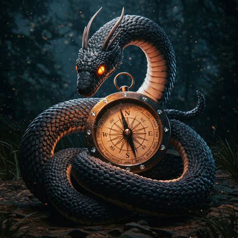 A Digitally Created Image Of A Mythical Dragon Wrapped Around An Ornate Compass Stock