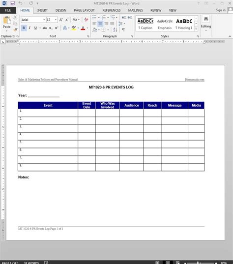 Pr Events Log Template Word