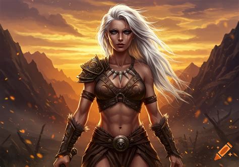 A Powerful Female Warrior With Long White Hair And Blue Eyes Stands In