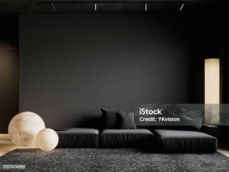 소파 달 플로어 램프 카펫 및 장식이 있는 검은색 인테리어 3d 렌더링 일러스트레이션 모형입니다 0명에 대한 스톡 사진 및 기타