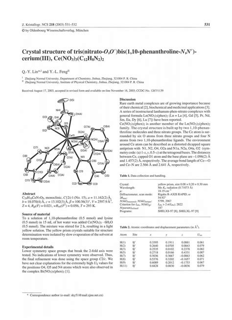 Crystal Structure Of Trisnitrato Oo′bis110 Phenanthroline Nn