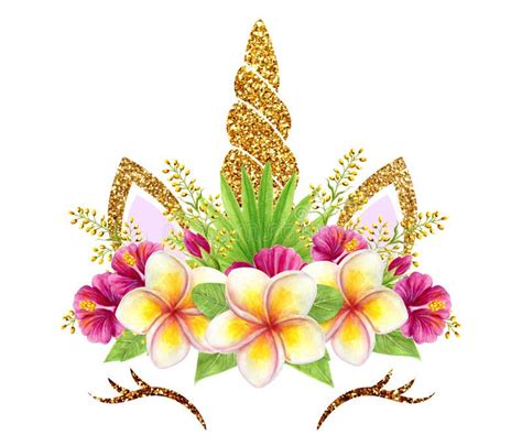 白色背景中突显的金色的角和美丽的热带花圈的绝妙可爱的独角兽 库存例证 插画 包括有 厚待 奇迹 220344087