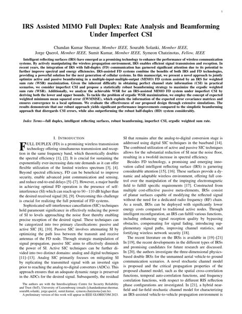 PDF IRS Assisted MIMO Full Duplex Rate Analysis And Beamforming Under Imperfect CSI