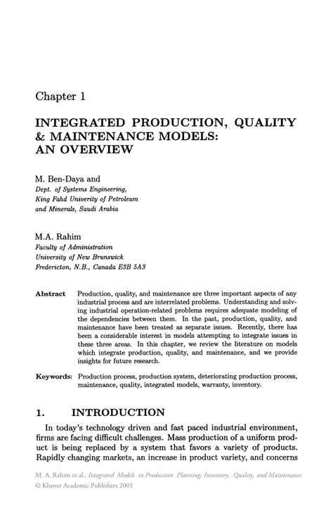 Pdf Integrated Production Quality And Maintenance Models An Overview