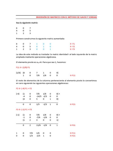 Inversión De Matrices Por El Método De Gauss Y Jordan Pdf Matriz