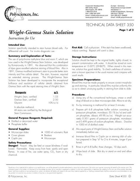 Data Sheet Wright Giemsa Stain Solution Polysciences Inc