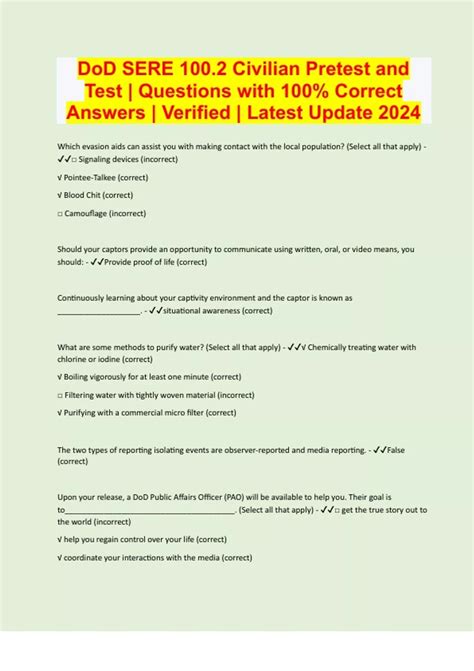 Dod Sere 100 2 Civilian Pretest And Test Questions With 100 Correct Answers Verified