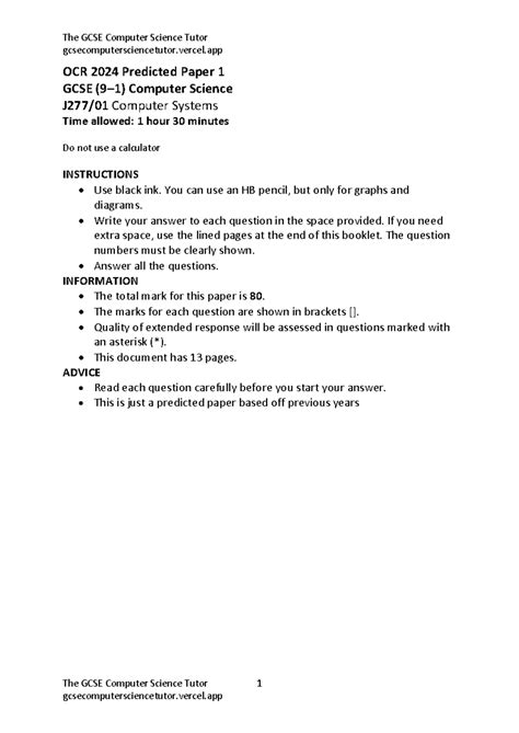 OCR Predicted Paper 1 2024 Gcsecomputersciencetutor Vercel The GCSE Computer Science Tutor 1