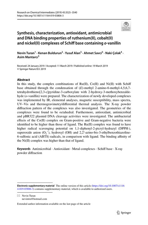 Pdf Synthesis Characterization Antioxidant Antimicrobial And Dna Binding Properties Of