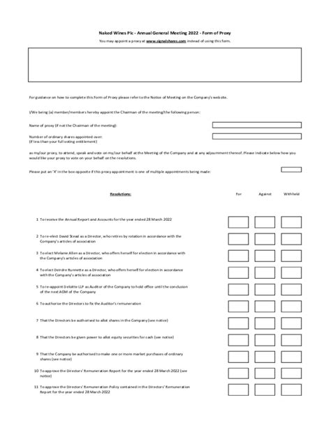 Fillable Online Form Of Proxy Naked Wines Plc Fax Email Print Pdffiller